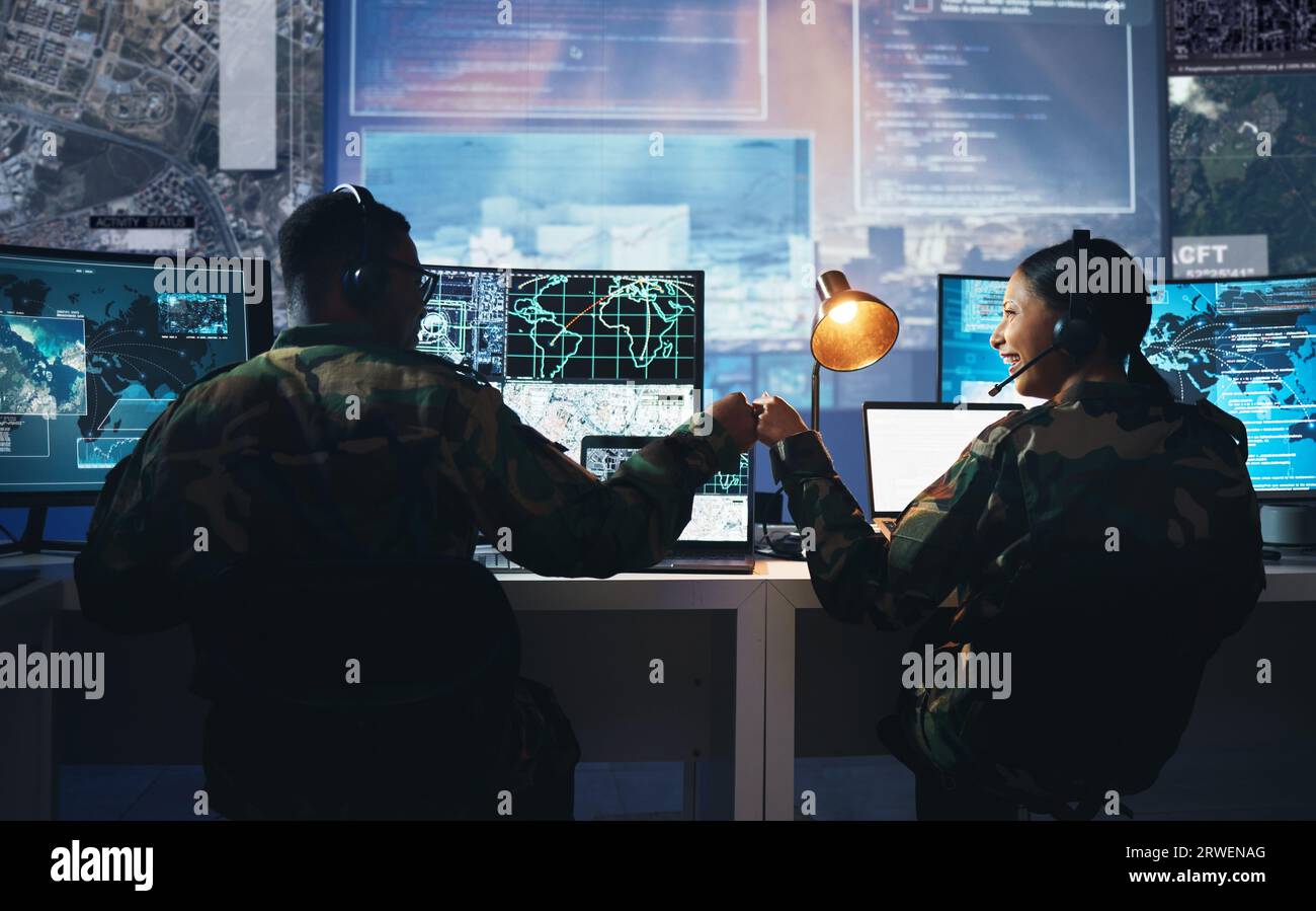 Control room, military and fist bump by soldier team on surveillance ...