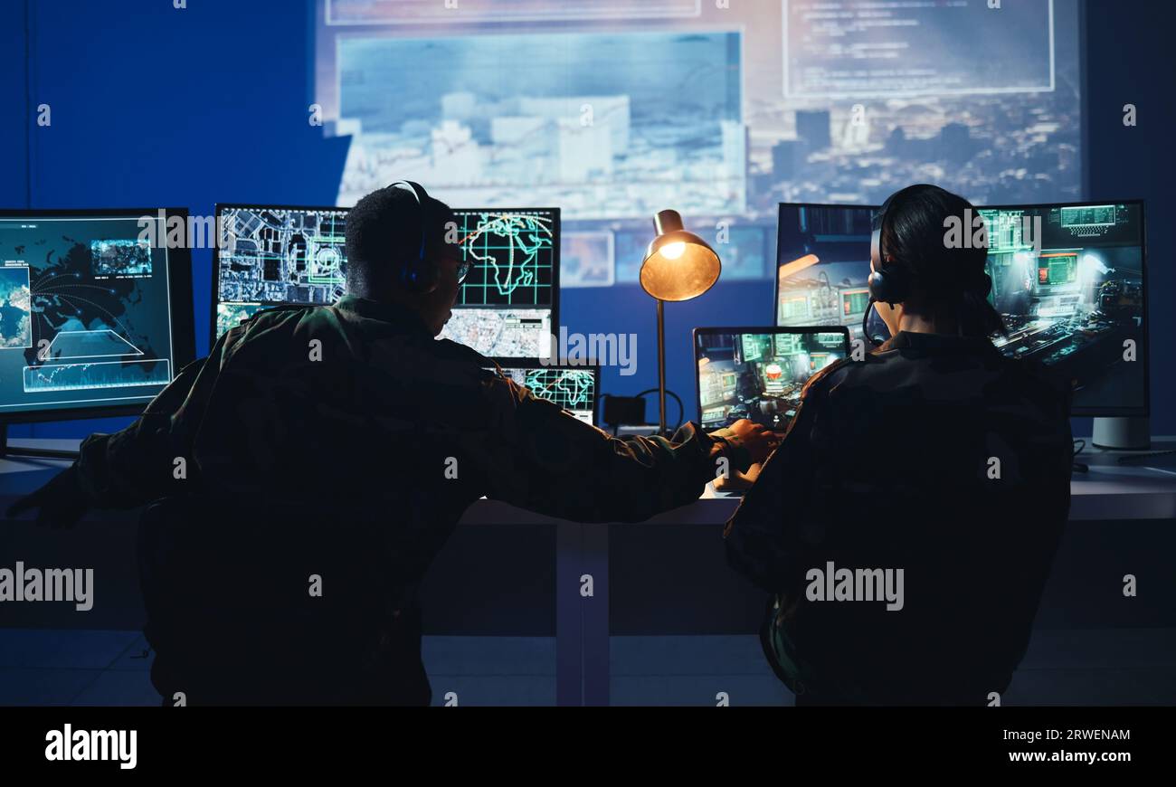 Army control room, computer and team in surveillance, help and ...