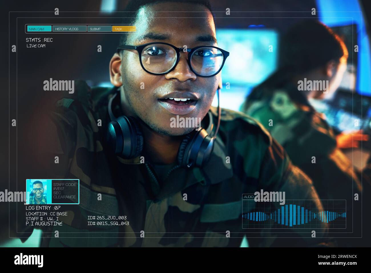 Record, military and portrait of black man on camera for surveillance ...