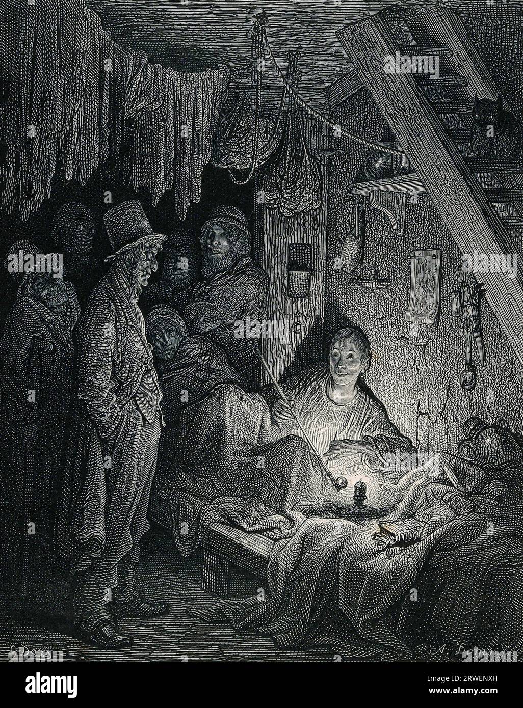 An opium den in London's East End with a reclining smoker watched by a ...