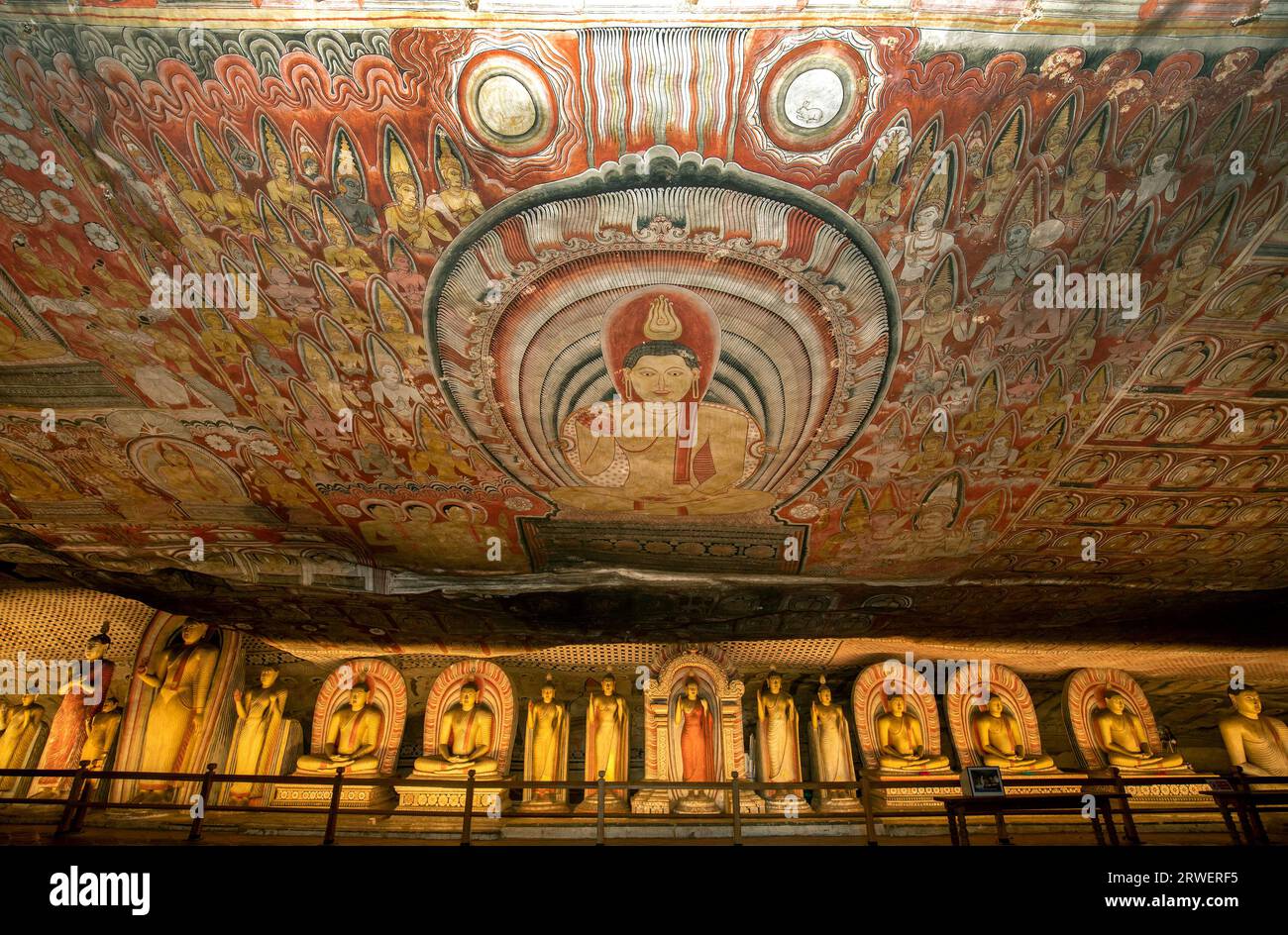 The spectacular interior of Cave Two (Maharaja Viharaya) including ceiling murals at Dambulla ...