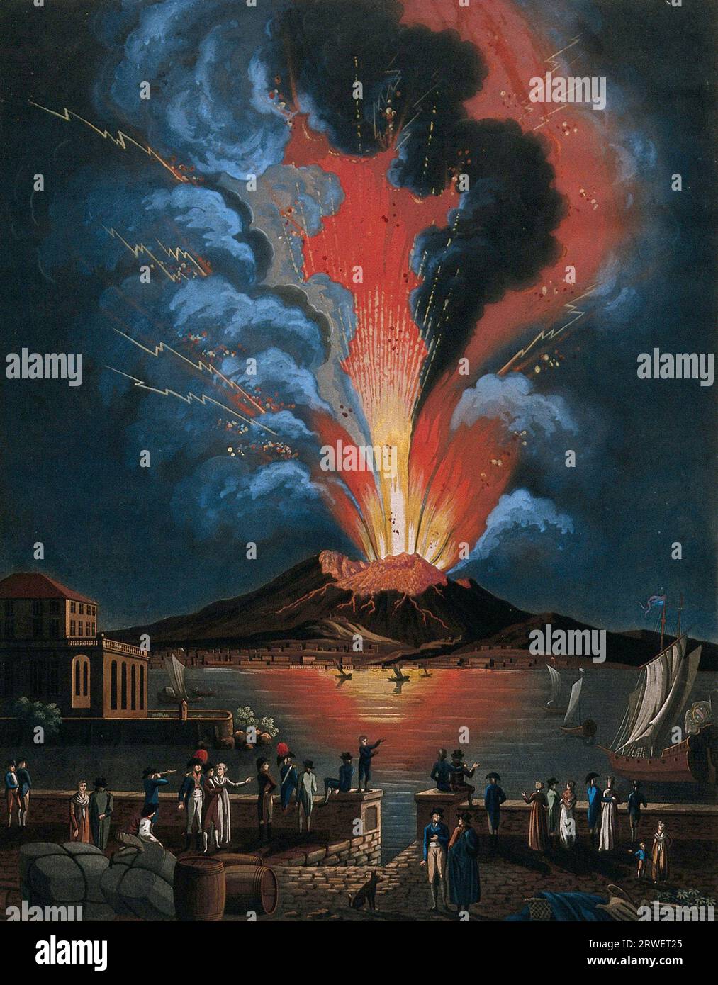Eruption of Mount Vesuvius at night, 1794, volcano near Naples, Italy ...