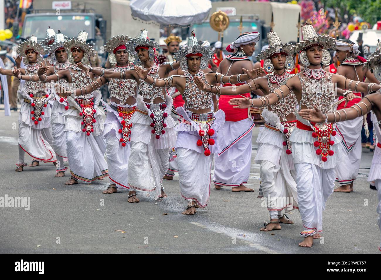 Kandyan or Up Country Dancers perform along a street of Kandy in Sri ...