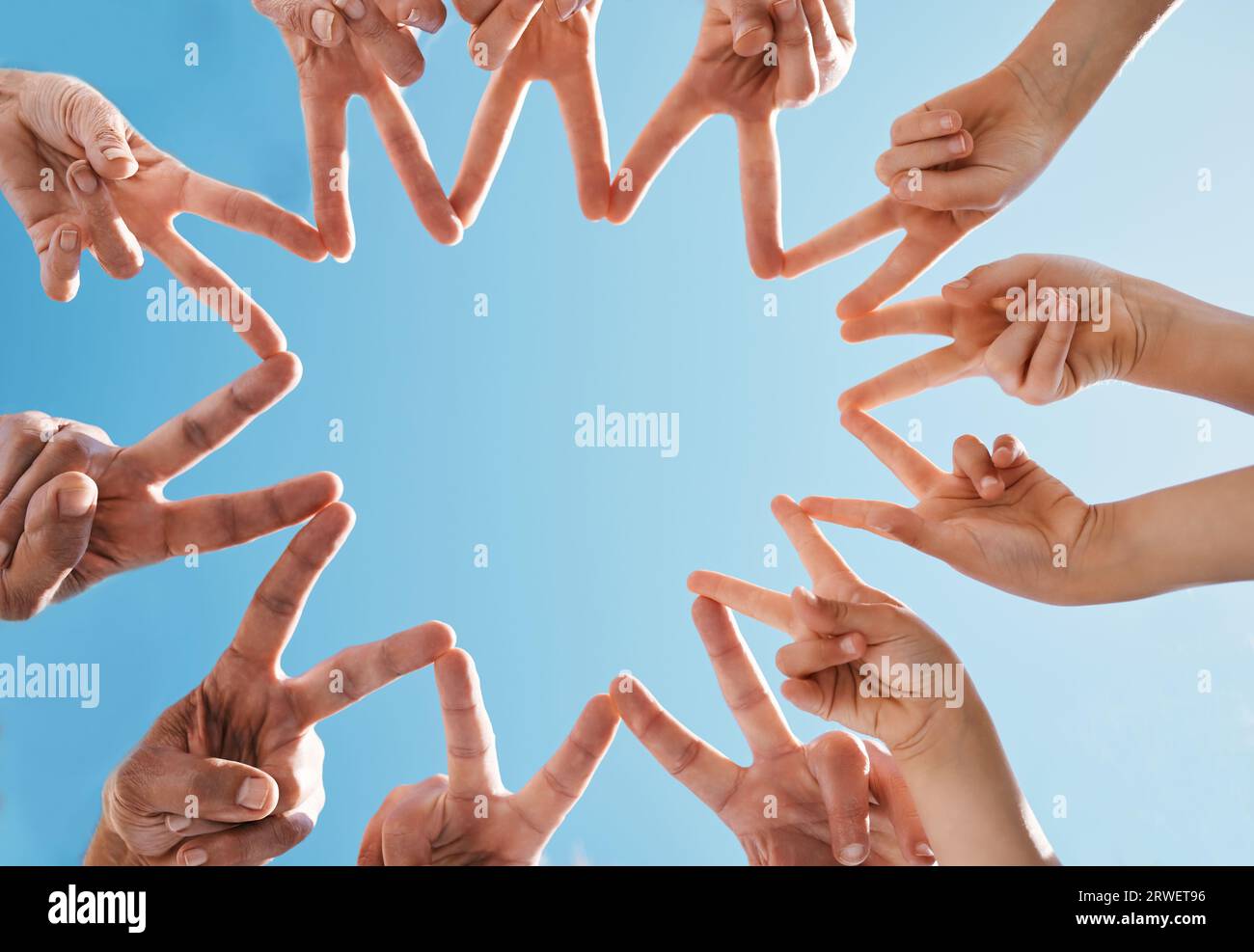 Hands, group and fingers in star for peace, collaboration and ...