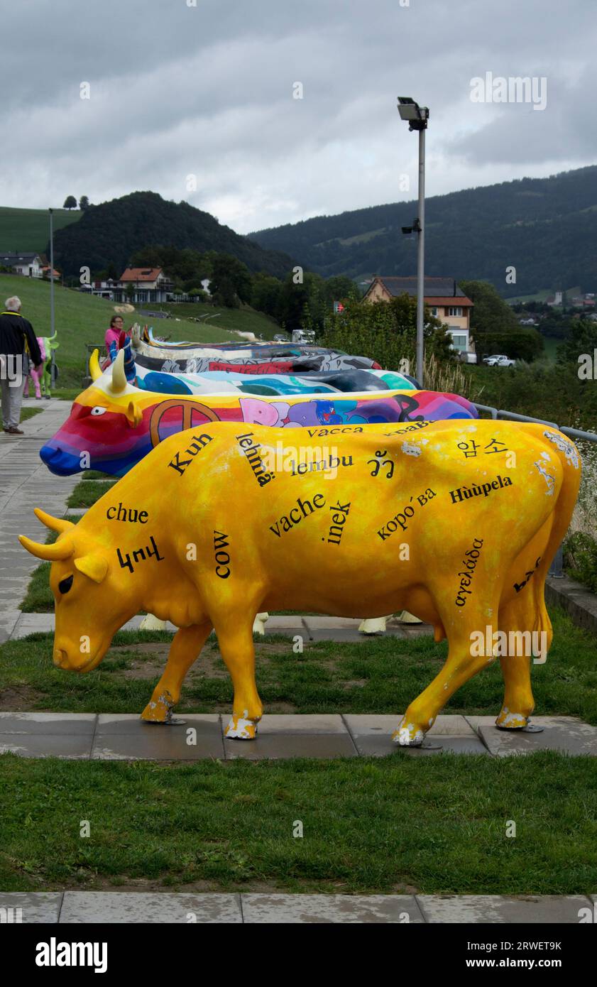 GRUYERE, SWITZERLAND - AUGUST 6, 2023: painted cows at Motel de la ...