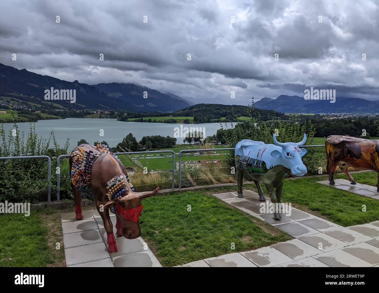 GRUYERE, SWITZERLAND - AUGUST 5, 2023: painted cows at Motel de la ...
