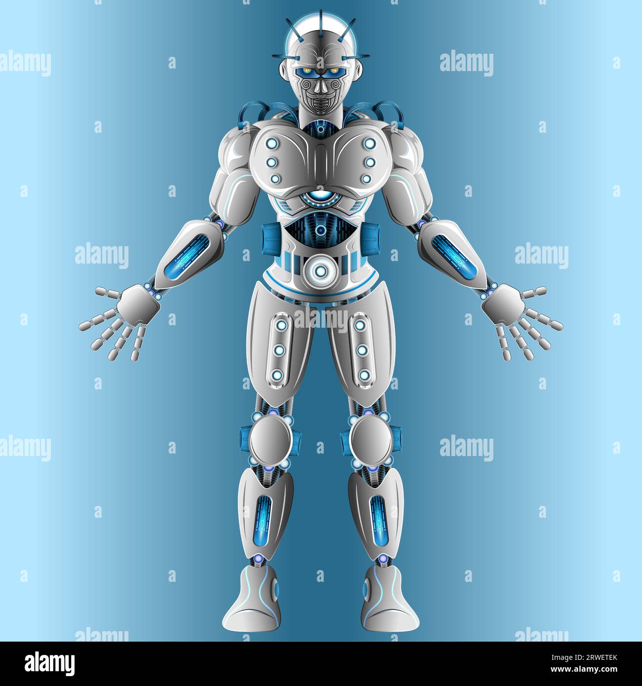 Front view of full body robot standing with arms and hands spread Stock ...