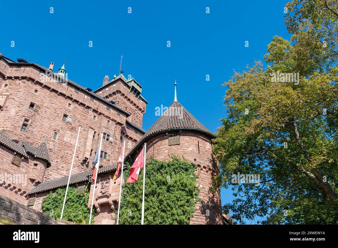 Looking up to tower buildings of Chateau du Haut Koenigsbourg ...