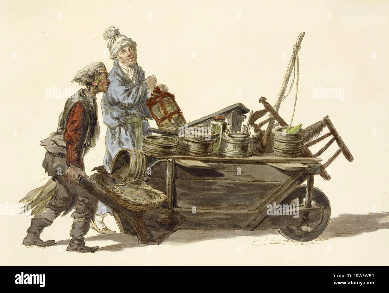 Viktualienhändler, merchant, with his servant and wheelbarrow, c. 1817 ...