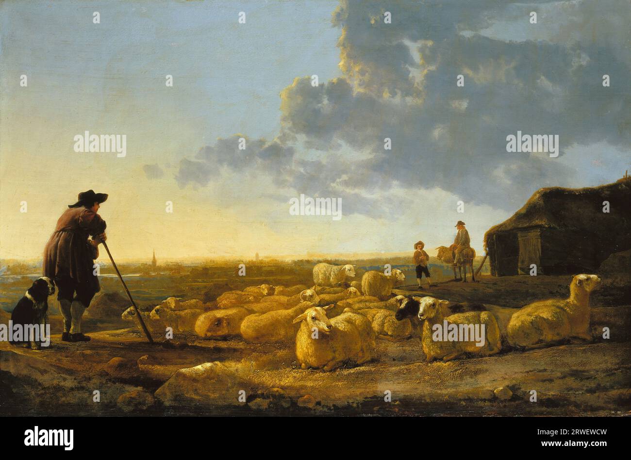 Flock of sheep with shepherd in the landscape, around 1850, Germany ...