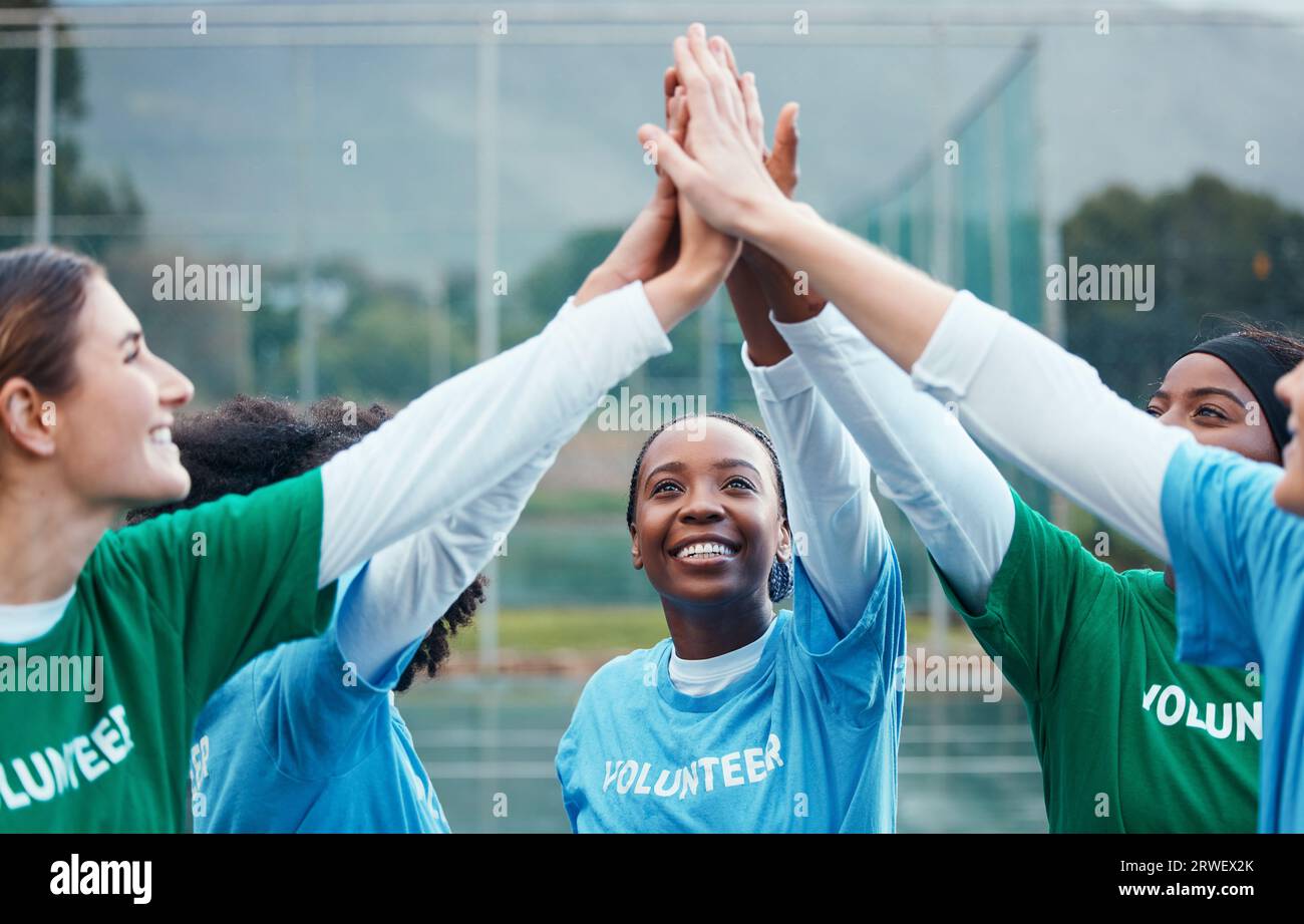 High five, community and team of volunteers with success, motivation ...