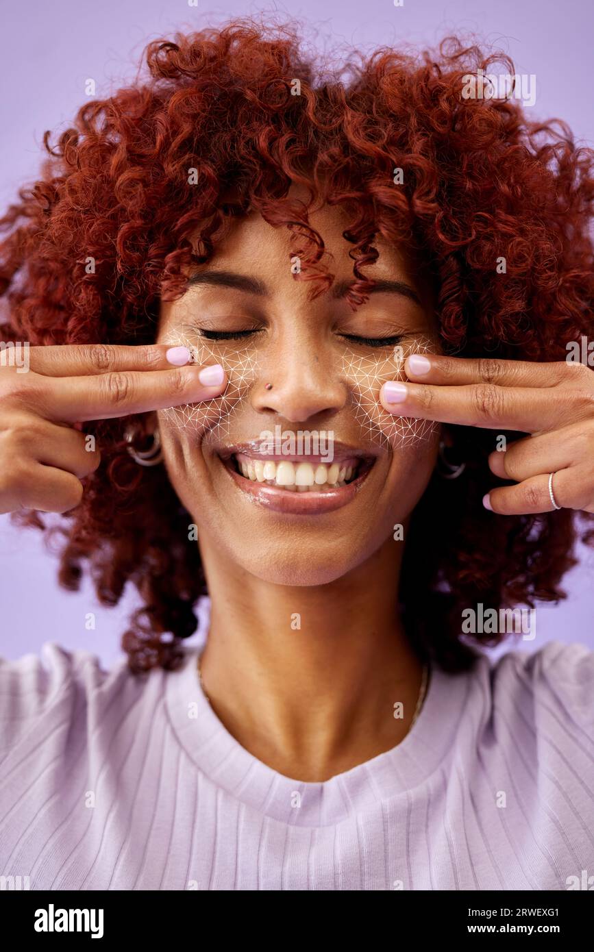 Skincare, smile and a woman touching for moisture, cell rejuvenation or ...