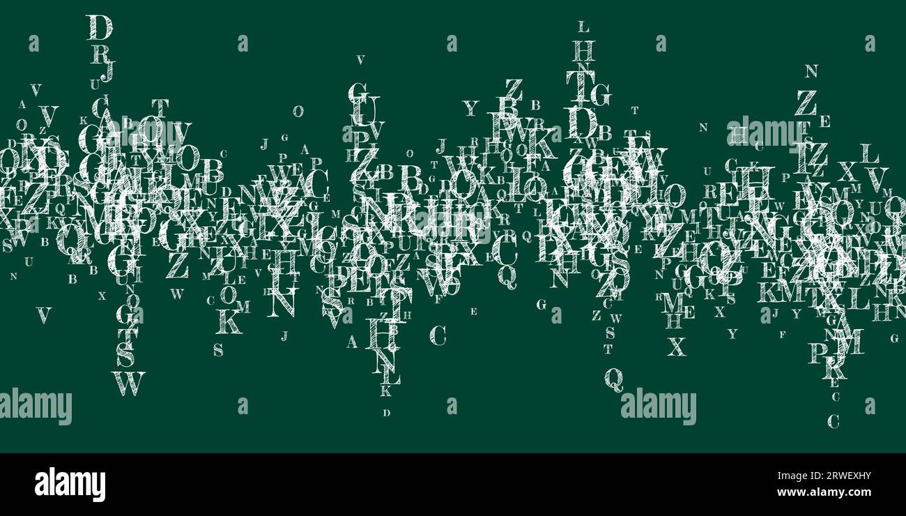 Falling letters of English language. White chalk characters of Latin ...