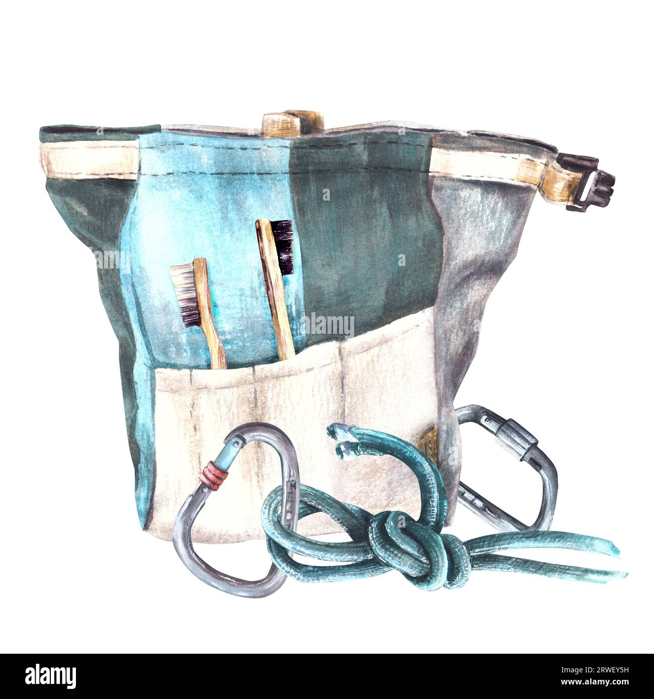 Bouldering, climbing bag with pockets, magnesium brushes, rope with ...