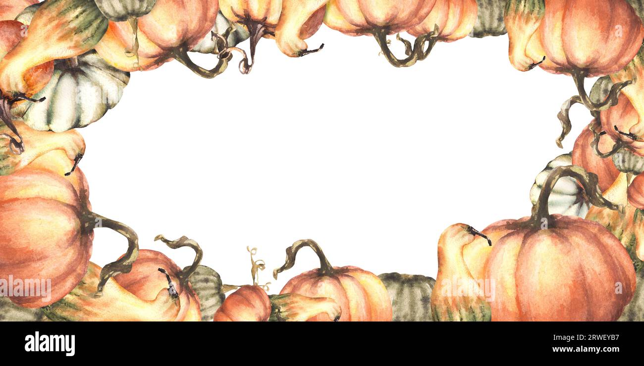 Fall pumpkins frame Autumn vegetables harvest. Isolated watercolor ...