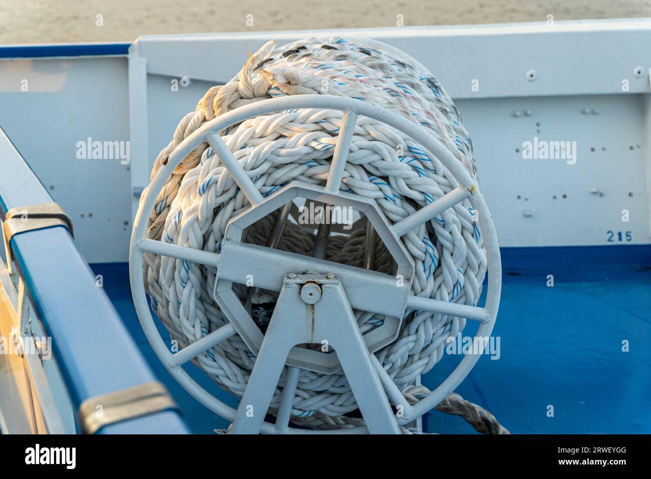 a reel with a strong ship rope on the deck of the ship. modern ...