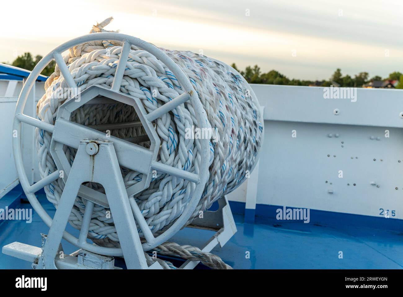 a reel with a strong ship rope on the deck of the ship. modern ...