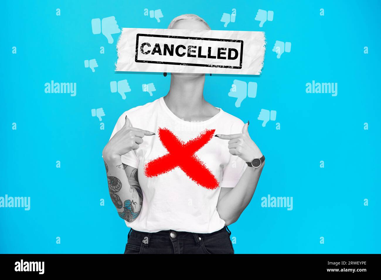 Cancel culture, woman and text overlay with graphic and bad emoji for ...