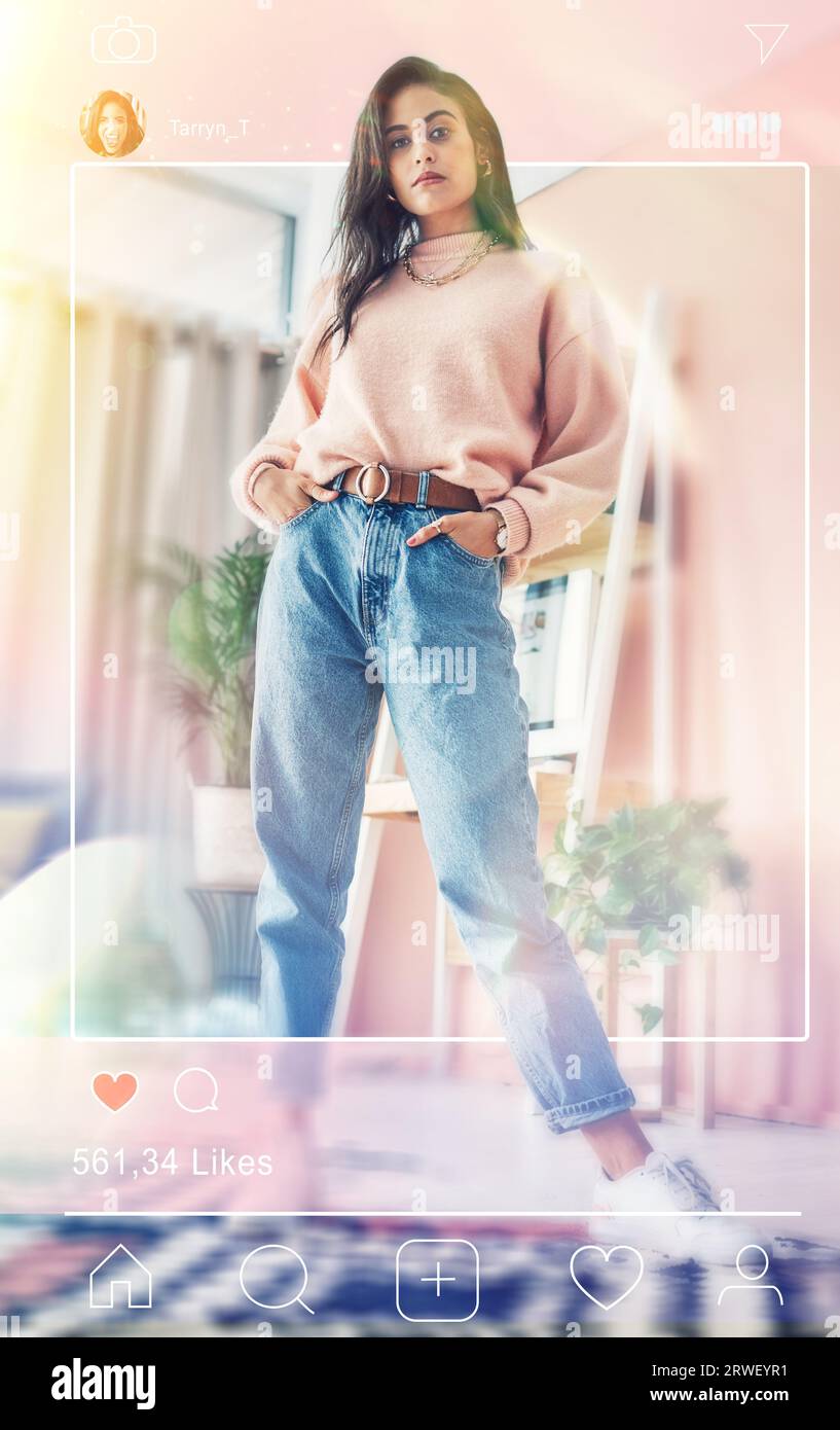 Portrait, fashion and social media with a woman influencer on screen ...