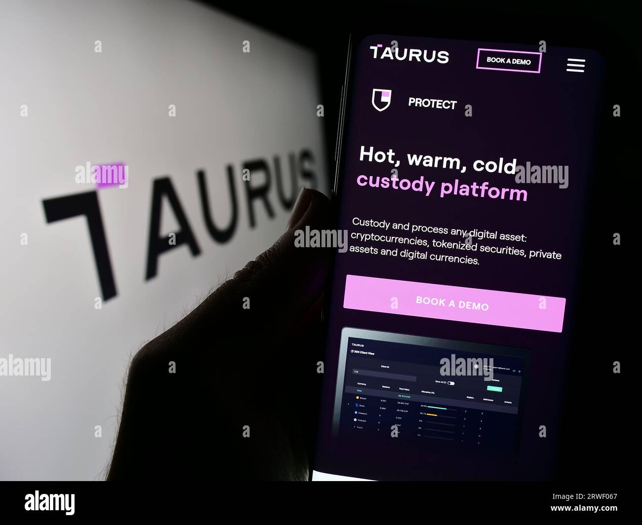 Person holding cellphone with webpage of Swiss digital assets company ...