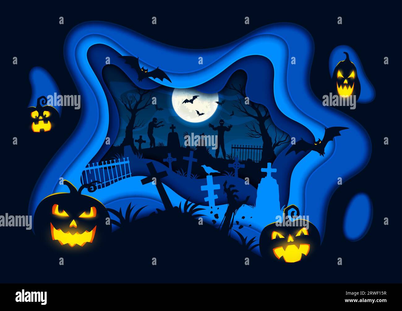 Halloween paper cut scary banner with zombie, danger pumpkin lanterns and cemetery, vector ...