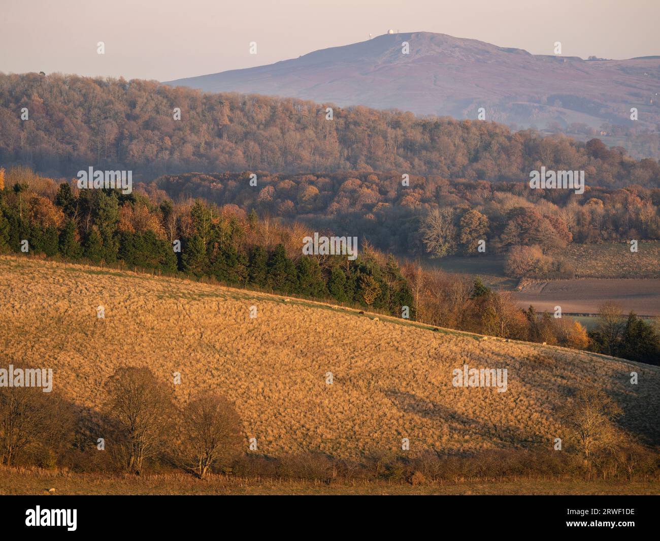 A sunset view from the Iron Age Hill Fort on Burrow Hill near Hopesay ...