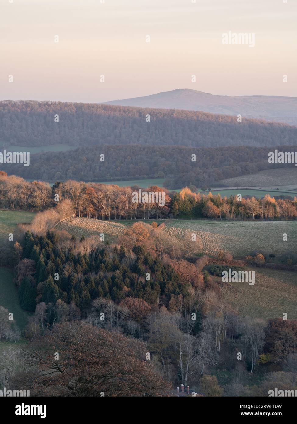 A sunset view from the Iron Age Hill Fort on Burrow Hill near Hopesay ...