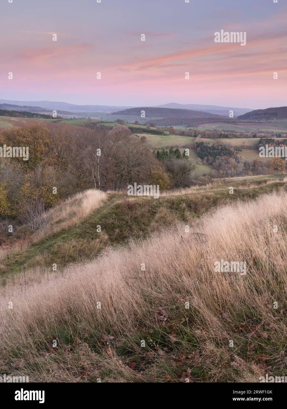A sunset view from the Iron Age Hill Fort on Burrow Hill near Hopesay ...