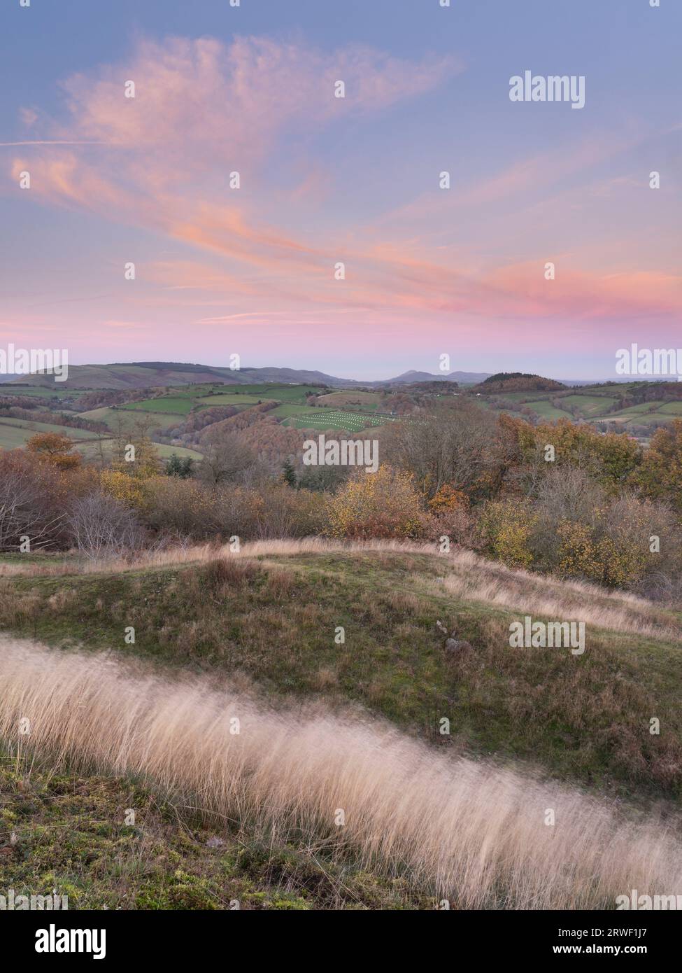 A sunset view from the Iron Age Hill Fort on Burrow Hill near Hopesay ...