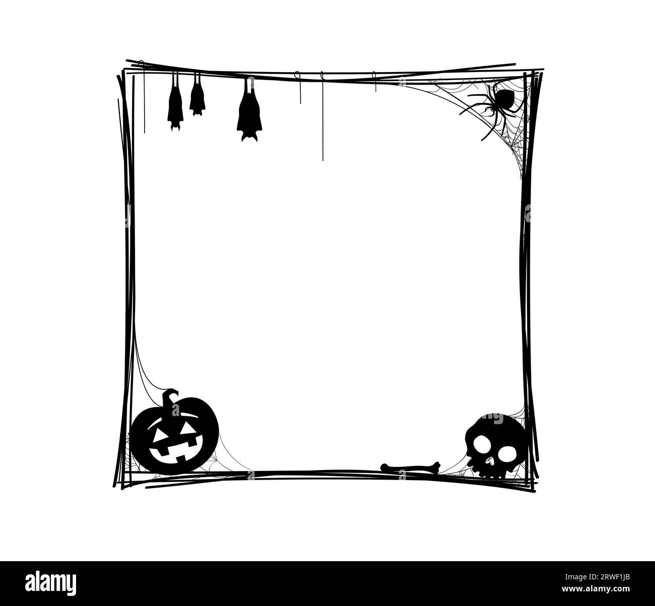 Black Halloween holiday frame with pumpkin, bats and spider in cobweb ...
