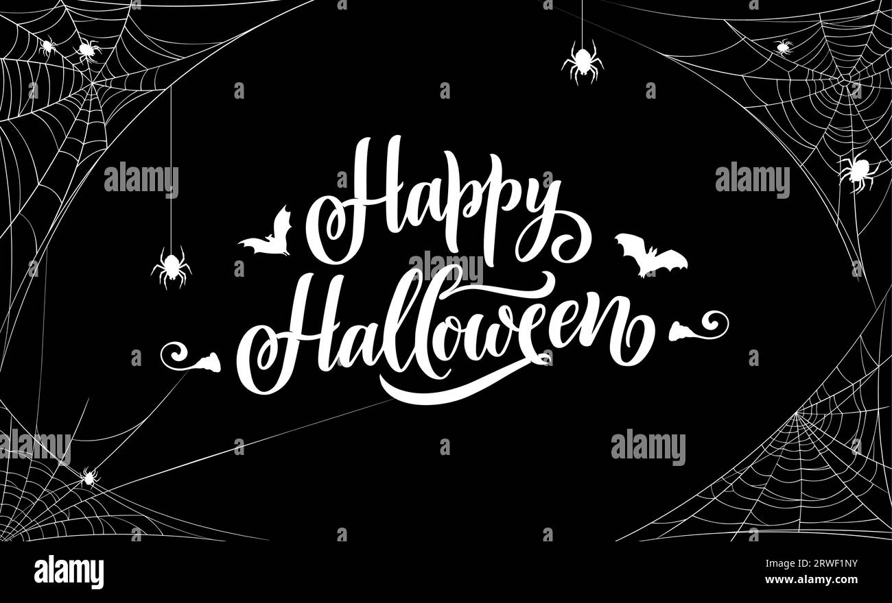 Happy halloween banner with cobweb and spiders. White vector typography ...