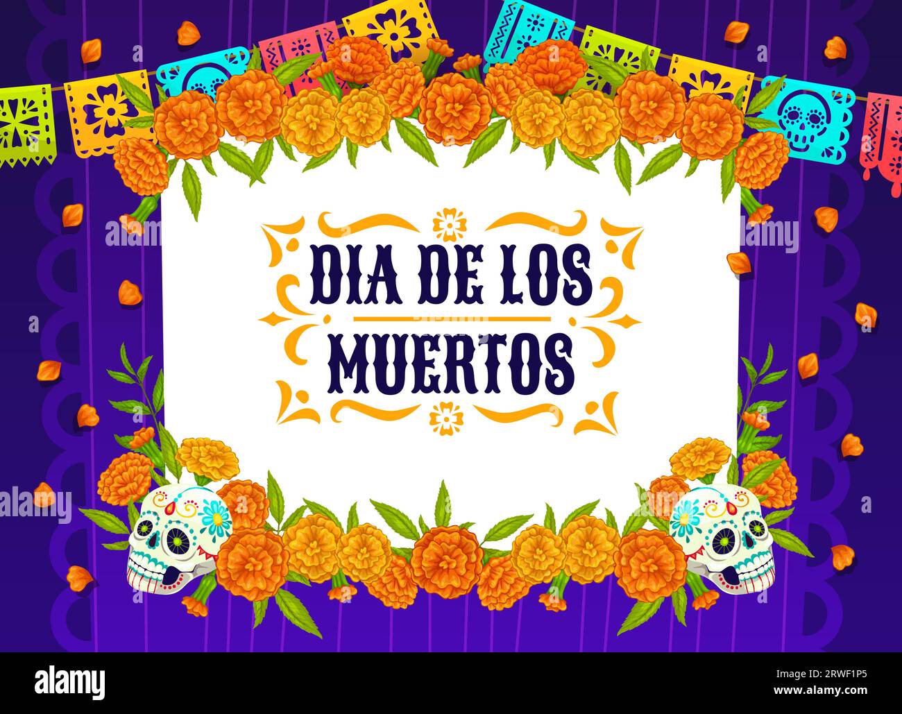 Marigold flowers garland and papel picado Mexican flags on day of dead ...