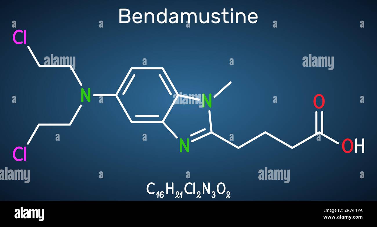 Bendamustine molecule. It is alkylating agent, used in treatment of ...