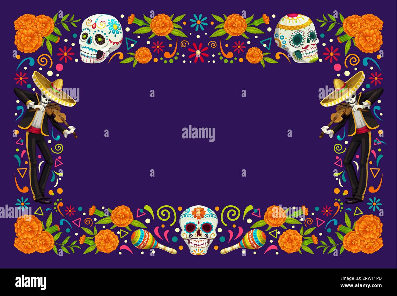 Dia de Los Muertos Day of Dead Mexican holiday frame of calavera skulls ...
