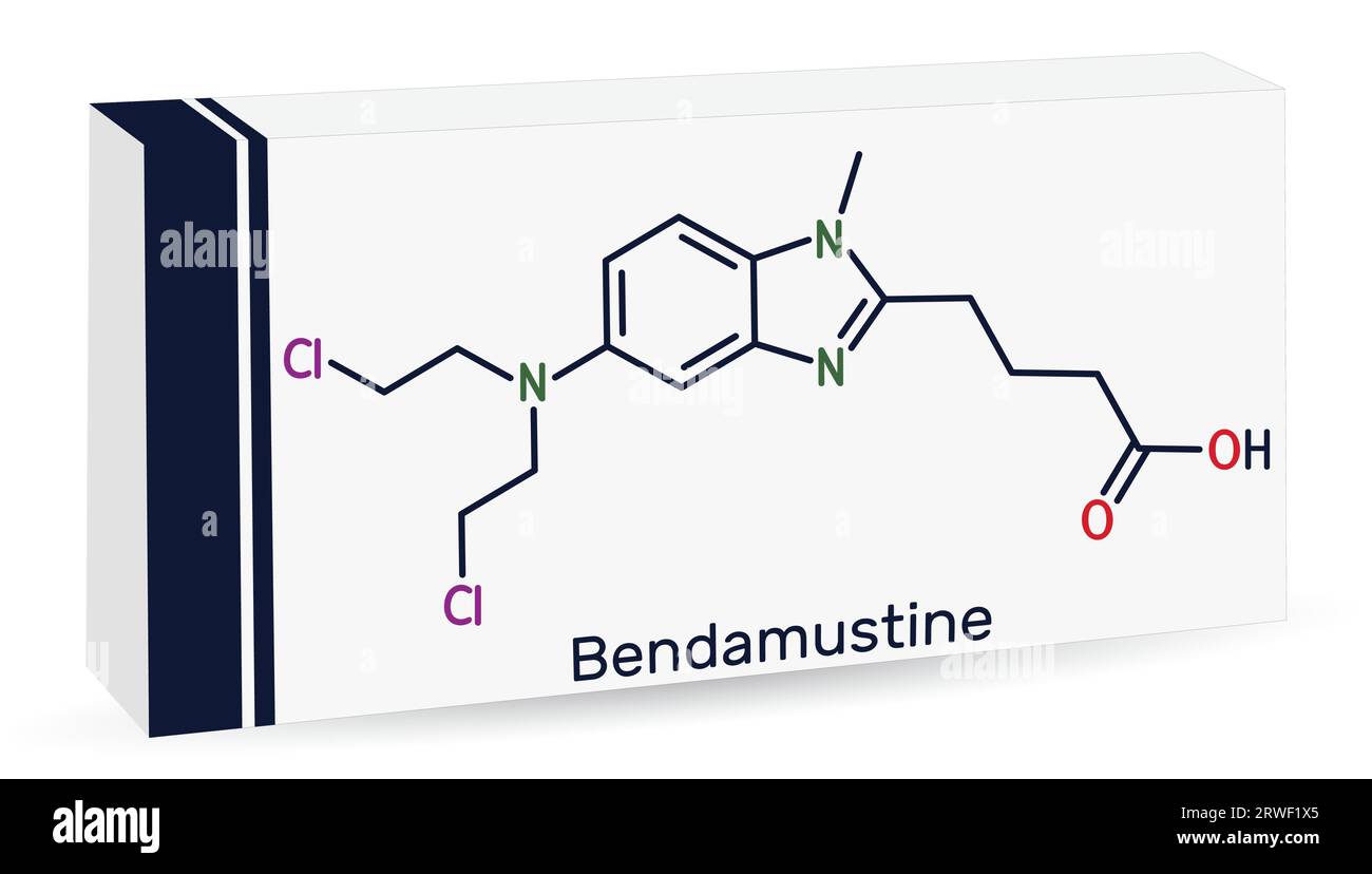 Bendamustine molecule. It is alkylating agent, used in treatment of ...