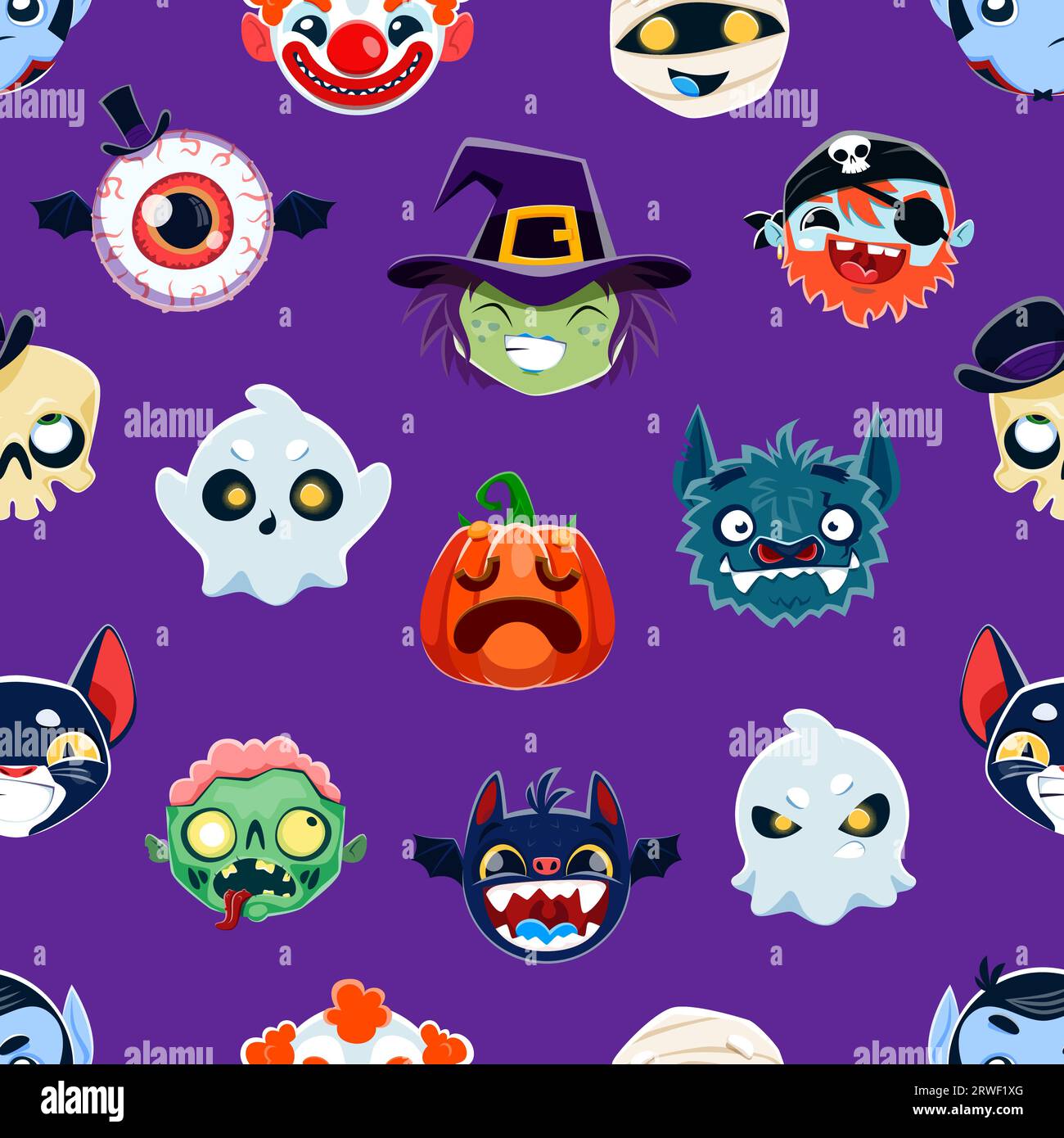 Cartoon Halloween emoji characters seamless pattern. Vector background ...
