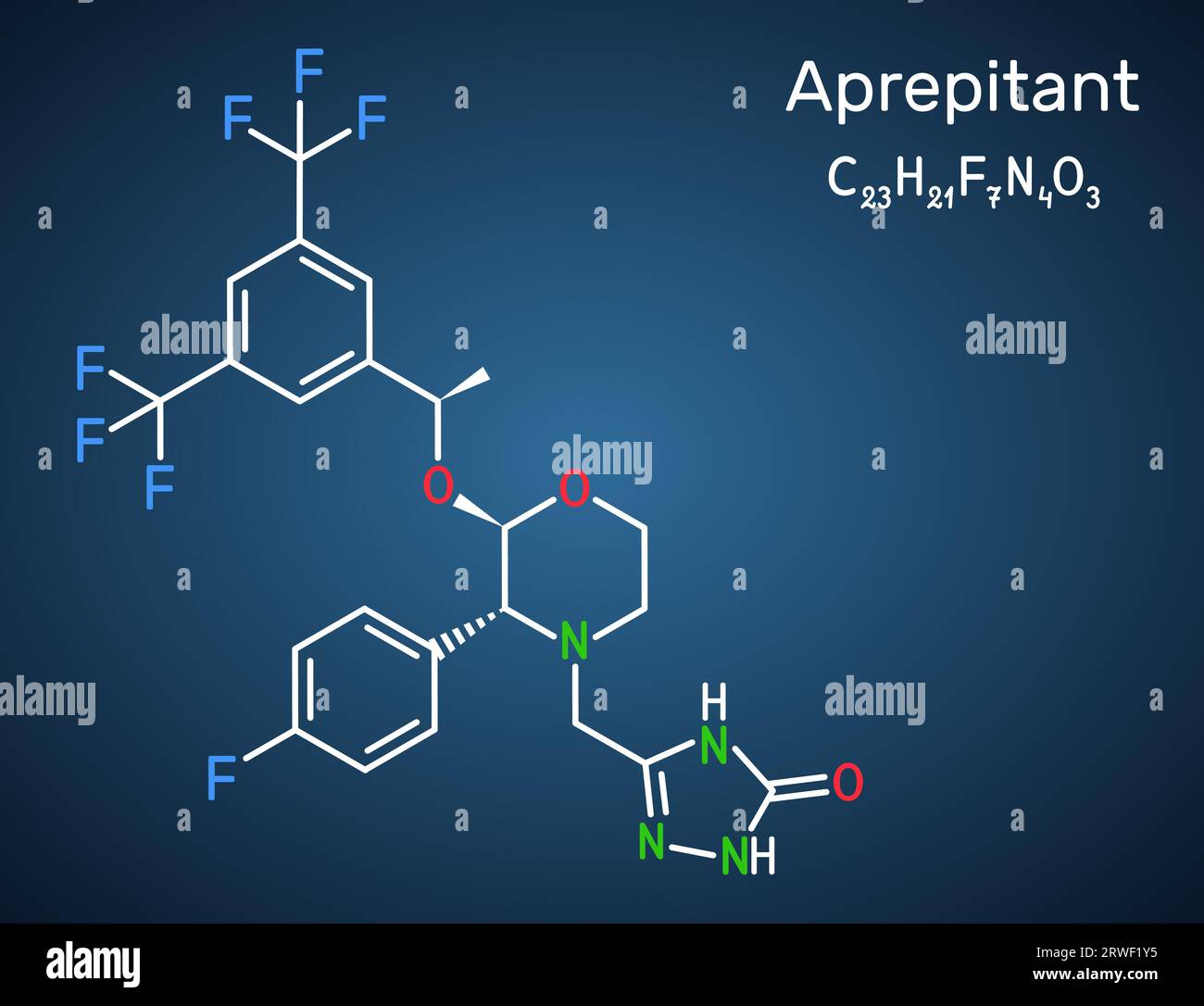 Aprepitant drug molecule. It is used to treat nausea and vomiting ...