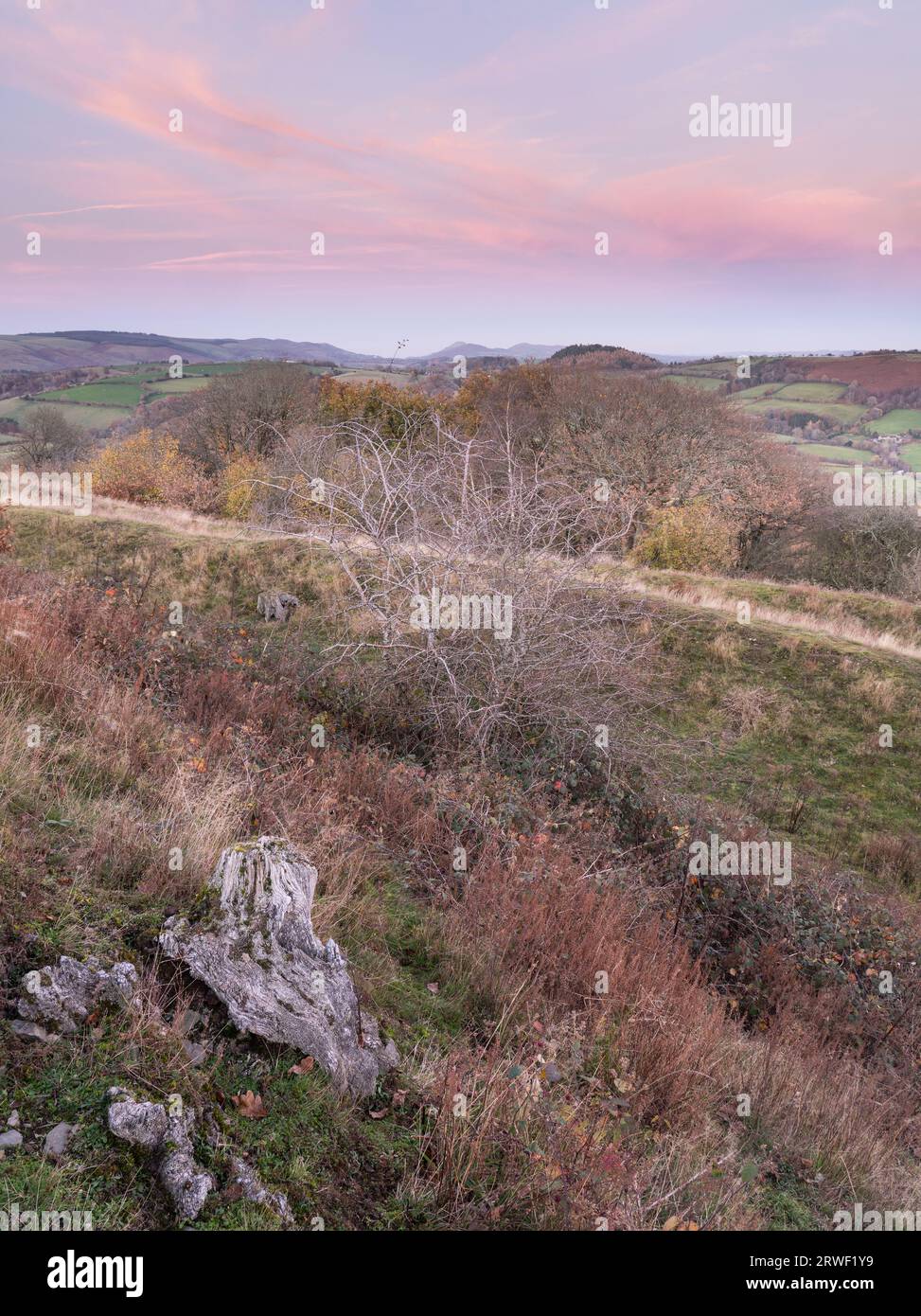 A sunset view from the Iron Age Hill Fort on Burrow Hill near Hopesay ...