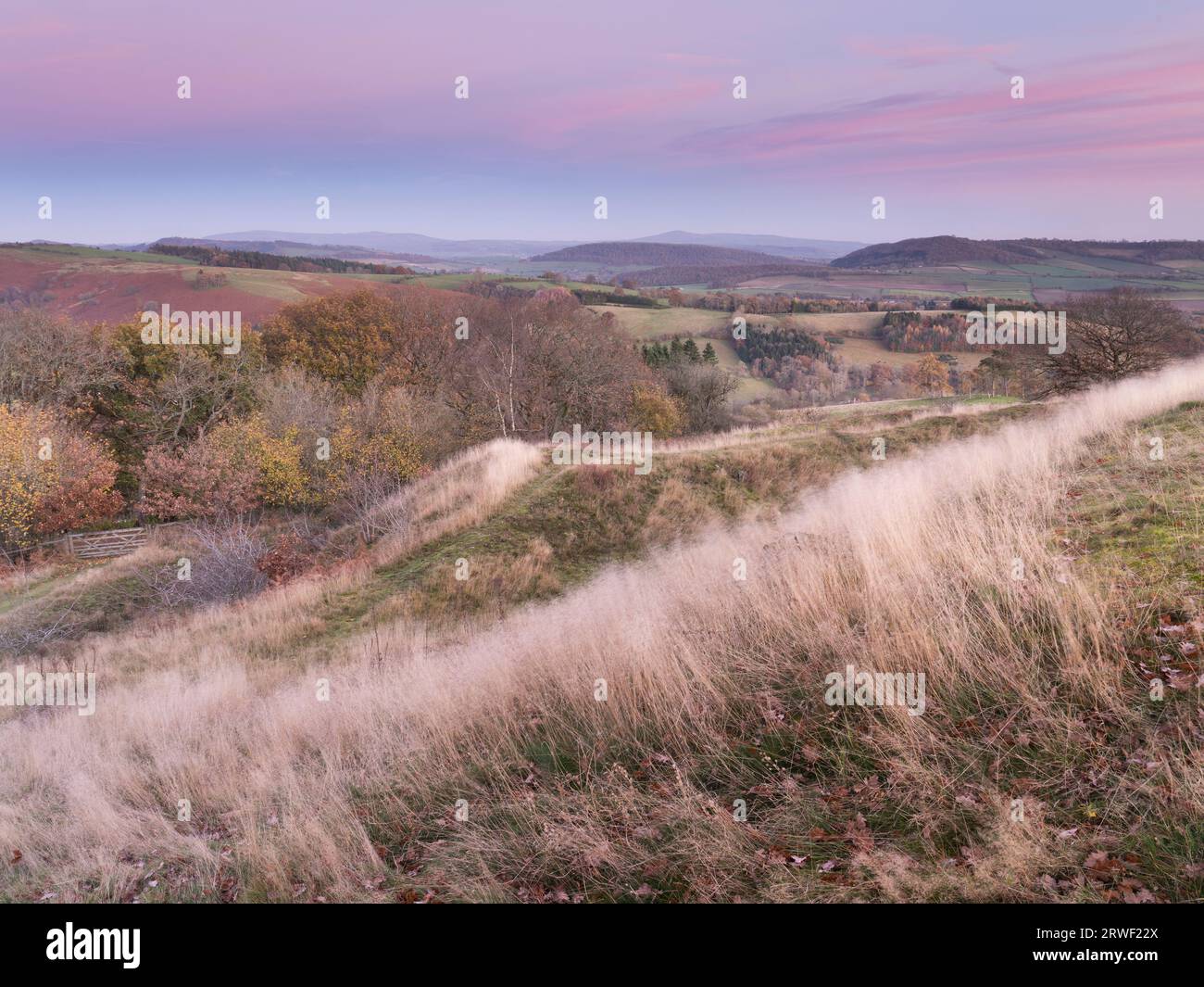 A sunset view from the Iron Age Hill Fort on Burrow Hill near Hopesay ...