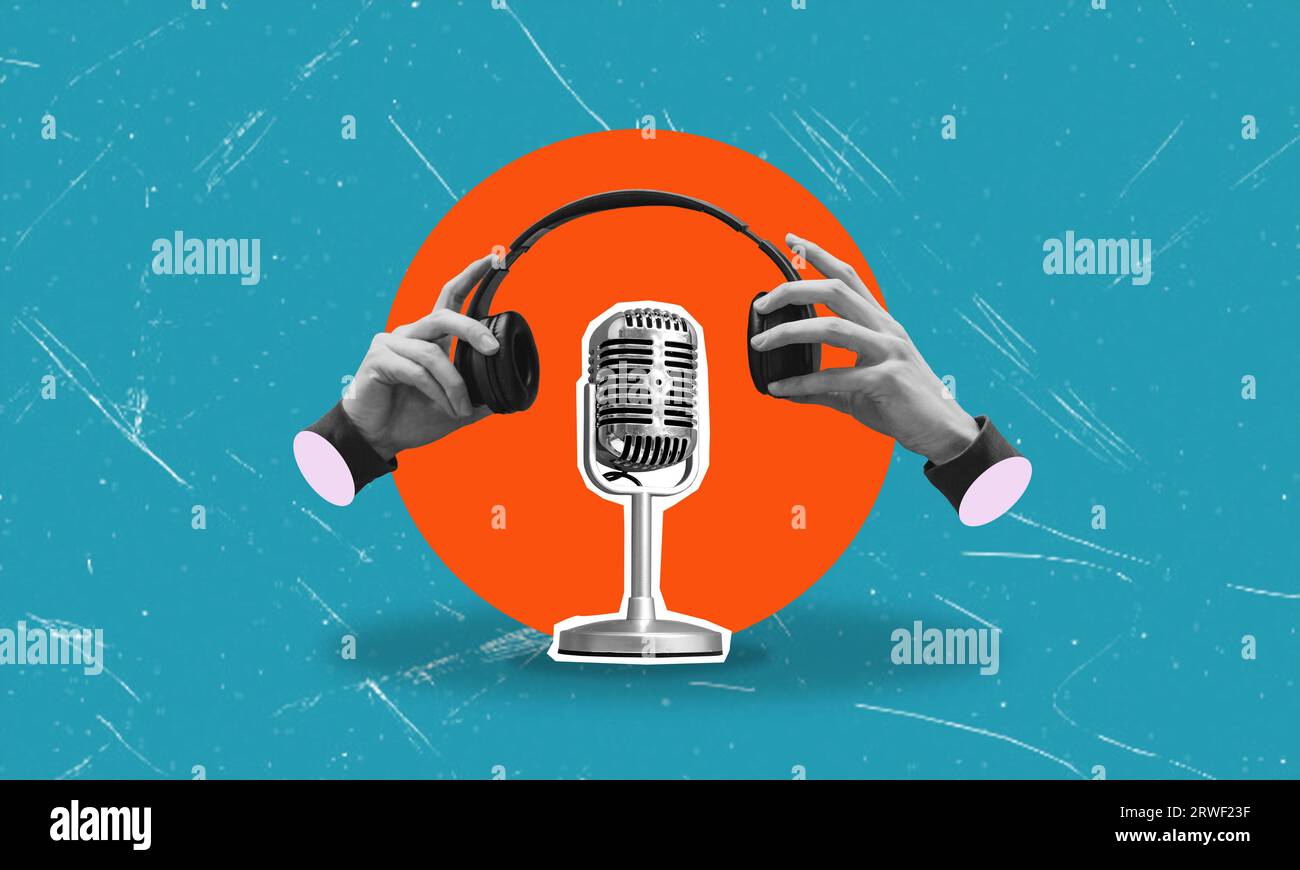 An artistic collage featuring modern headphones and a retro microphone ...