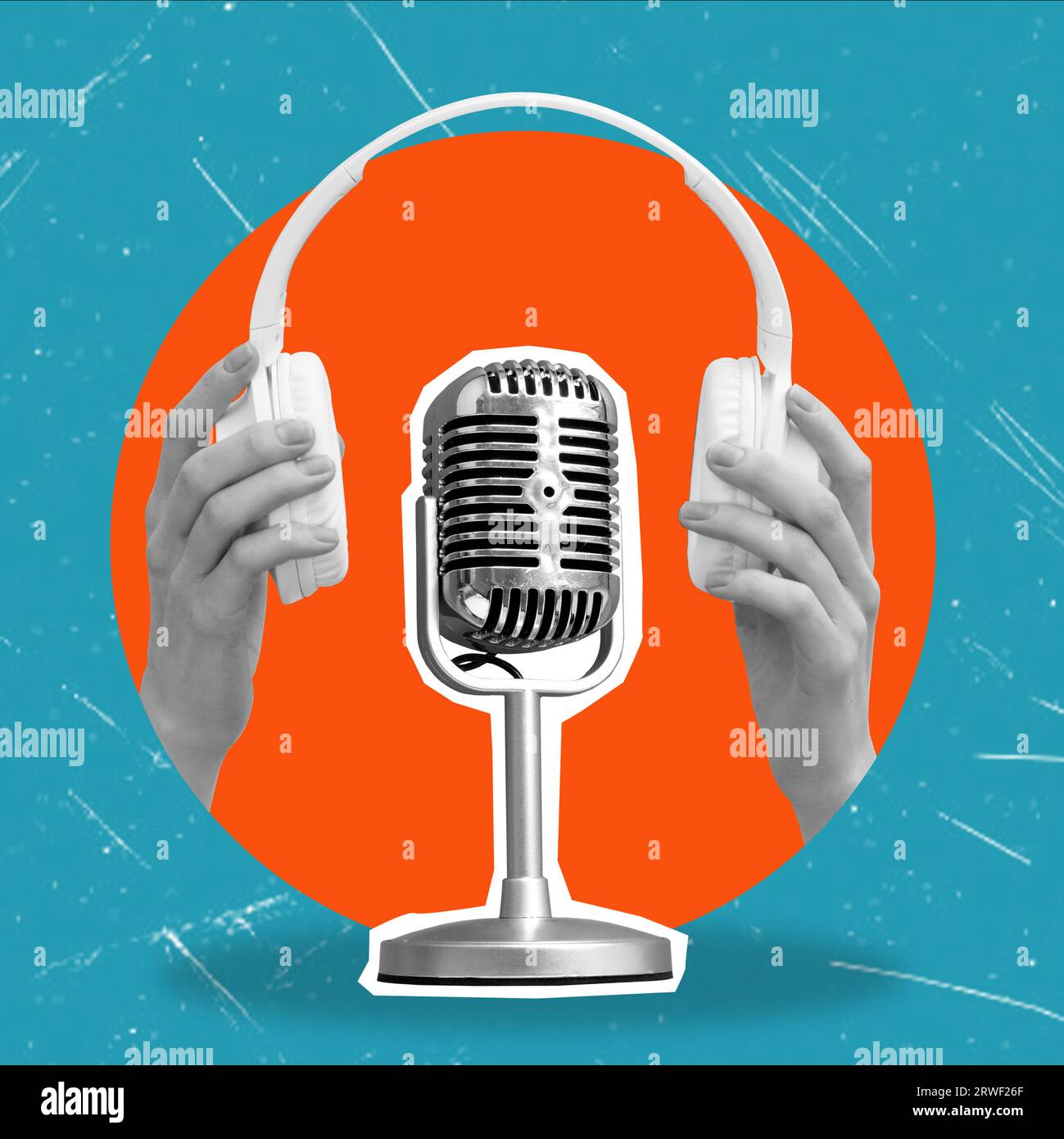 An artistic collage featuring modern headphones and a retro microphone ...