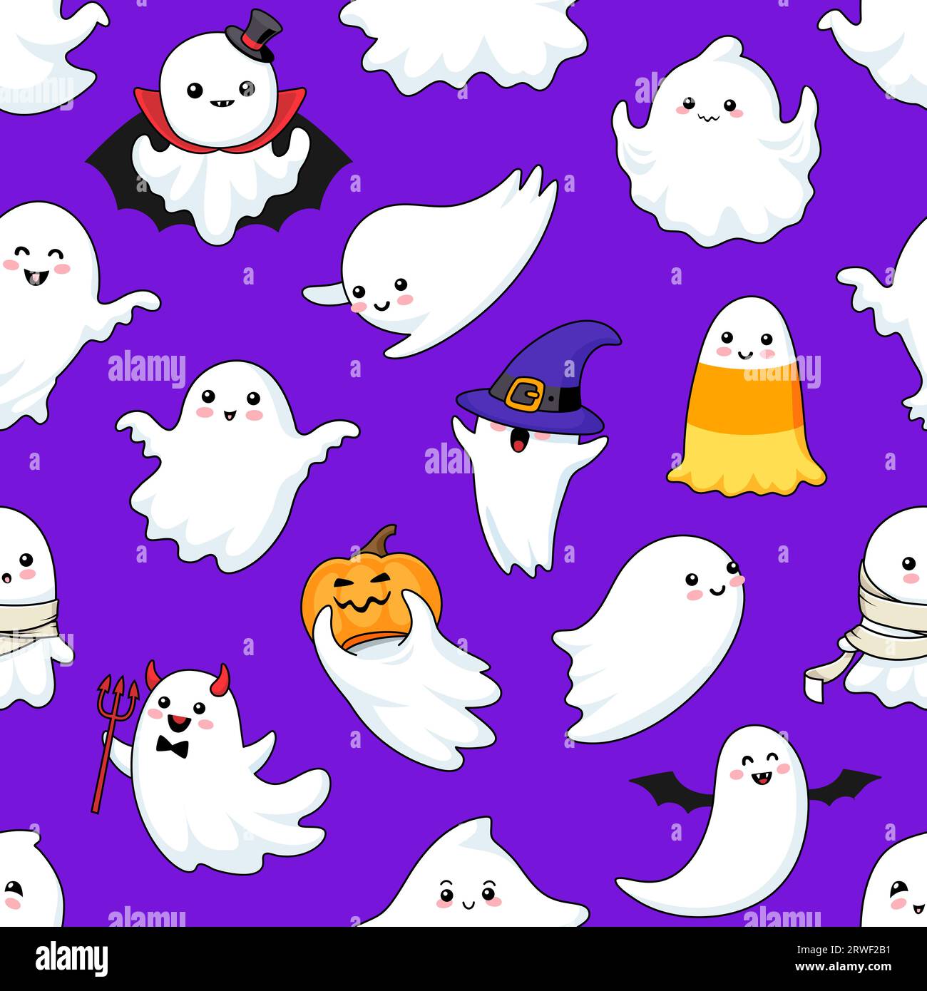 Cartoon funny kawaii Halloween ghost characters seamless pattern ...