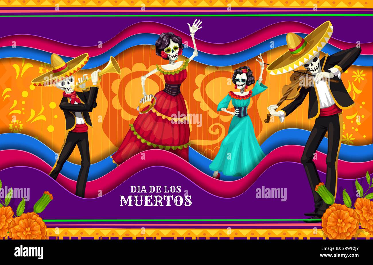 Cartoon dia de los muertos day of the dead mexican holiday paper cut ...