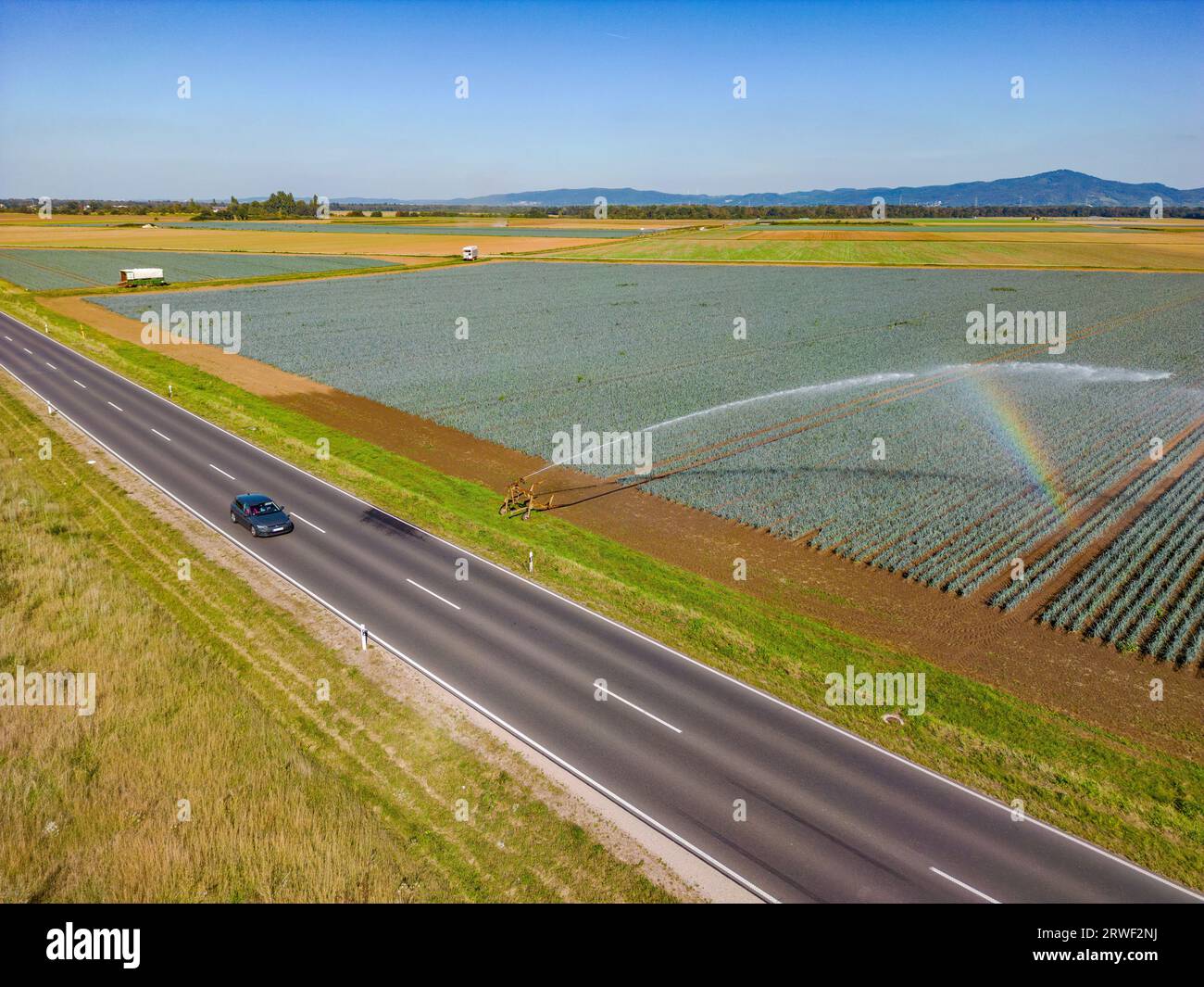 Sprinkler with irrigation for an agricultural field next to a road with ...