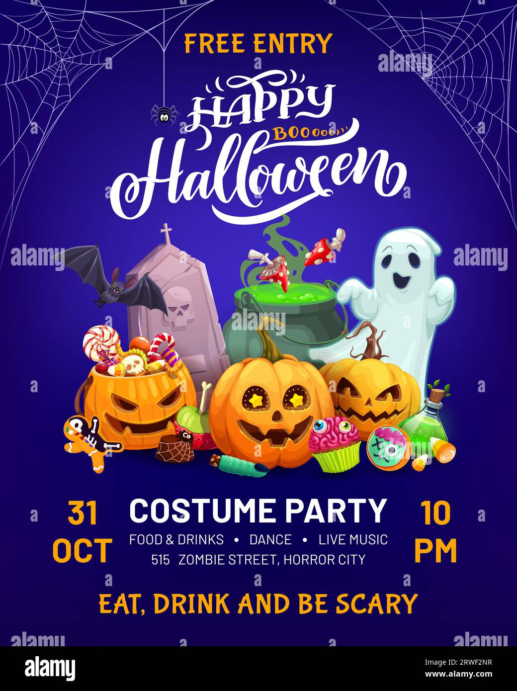 Halloween holiday costume party flyer with monster pumpkins and ghosts ...