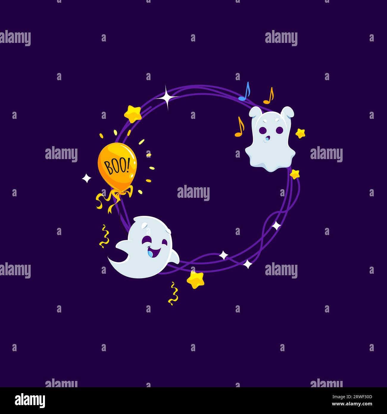 Halloween holiday frame with kawaii ghosts. Empty vector round border ...