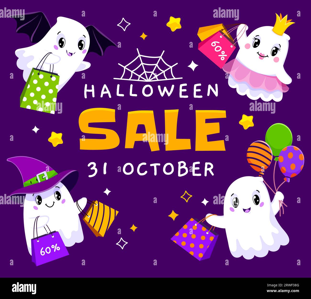 Halloween sale banner with cute kawaii ghosts and shopping bags. Vector ...