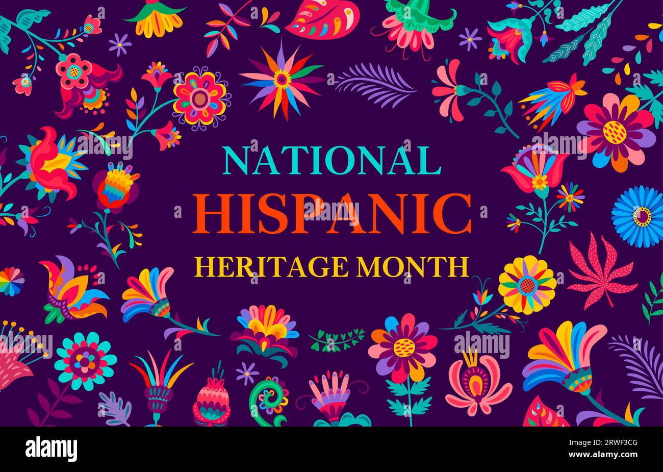National hispanic heritage month banner with tropical flowers pattern frame borders. Vector folk ...