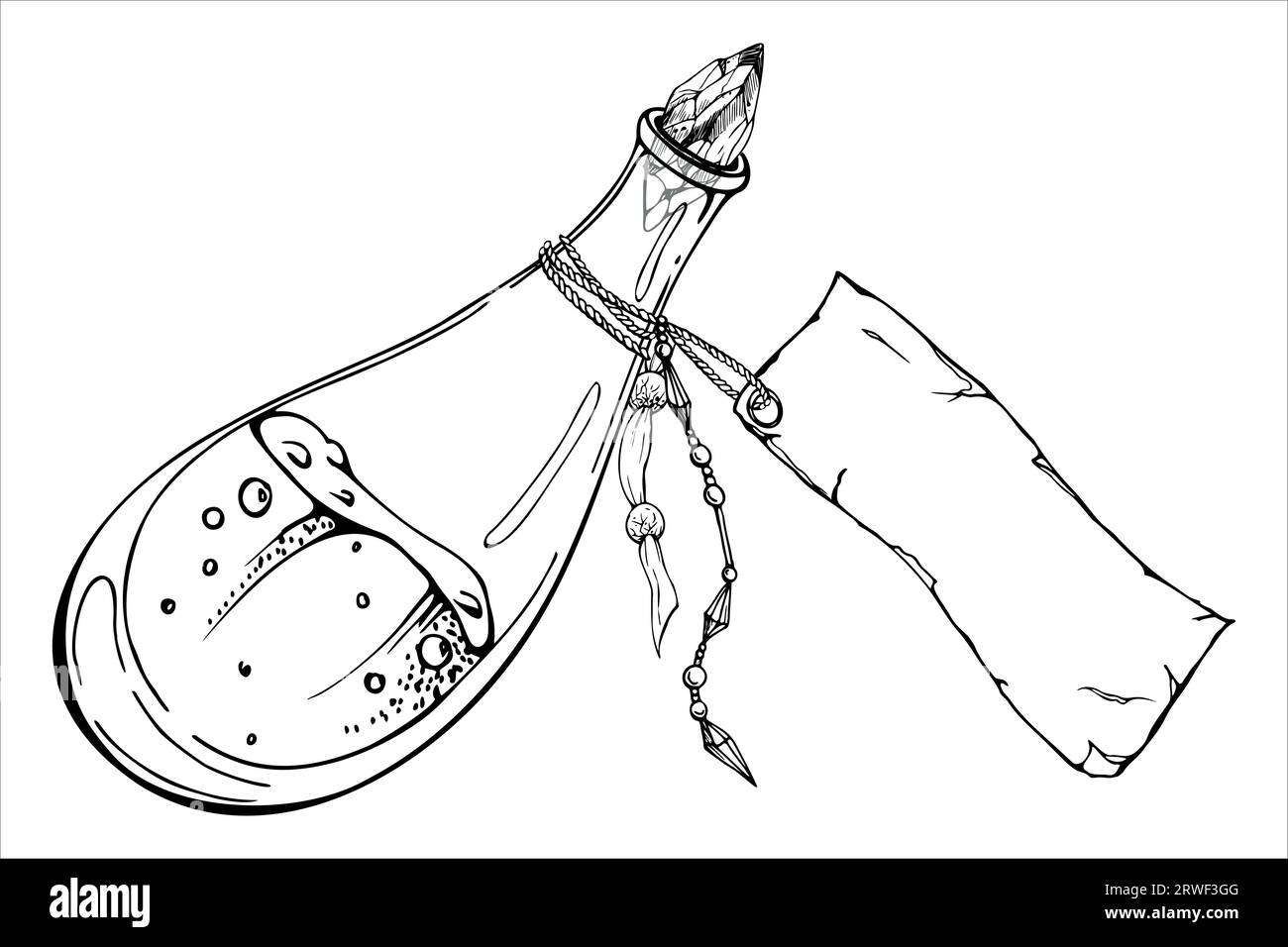 Hand drawn ink vector vial bottle for potion, paper tag. Sketch ...