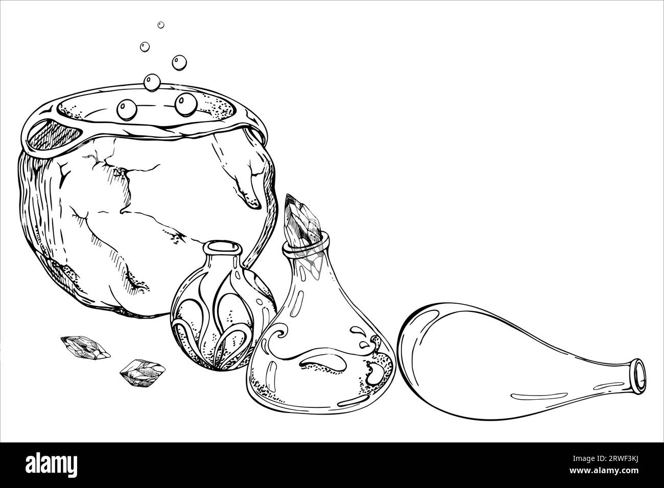 Hand drawn ink vector witch cauldron, potion glass vials. Sketch ...
